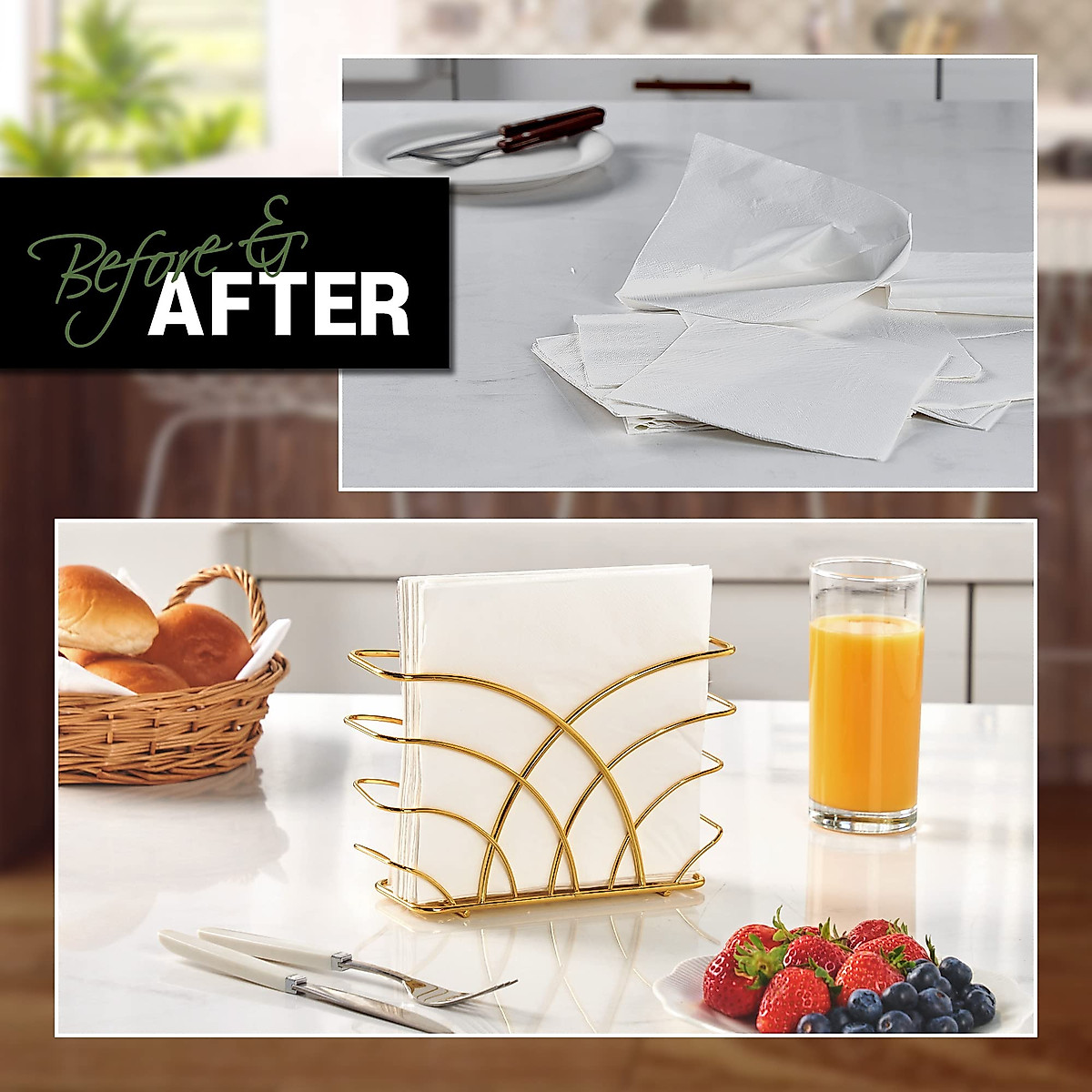 LEVIMETREE Gold Napkin Holder for Table - Stainless Steel Napkin Holders for Kitchen, Napkin Holders for Paper Napkins, Modern Serviette Holder Tissue Dispenser, Modern Napkin Holder for Table