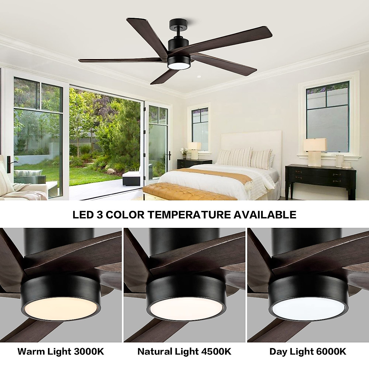 WINGBO 64 Inch DC Ceiling Fan with Lights and Remote Control, 5 Reversible Carved Wood Blades, 6-Speed Noiseless DC Motor, Modern Ceiling Fan in Matte Black Finish with Walnut Blades, ETL Listed