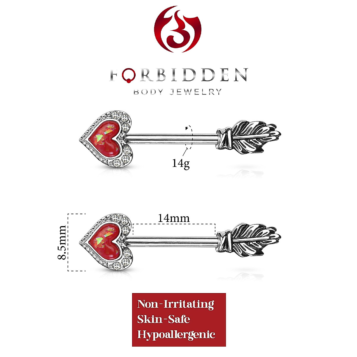 Forbidden Body Jewelry Pave CZ Opalite Heart & Feather Arrow Surgical Steel Nipple Barbells, Red