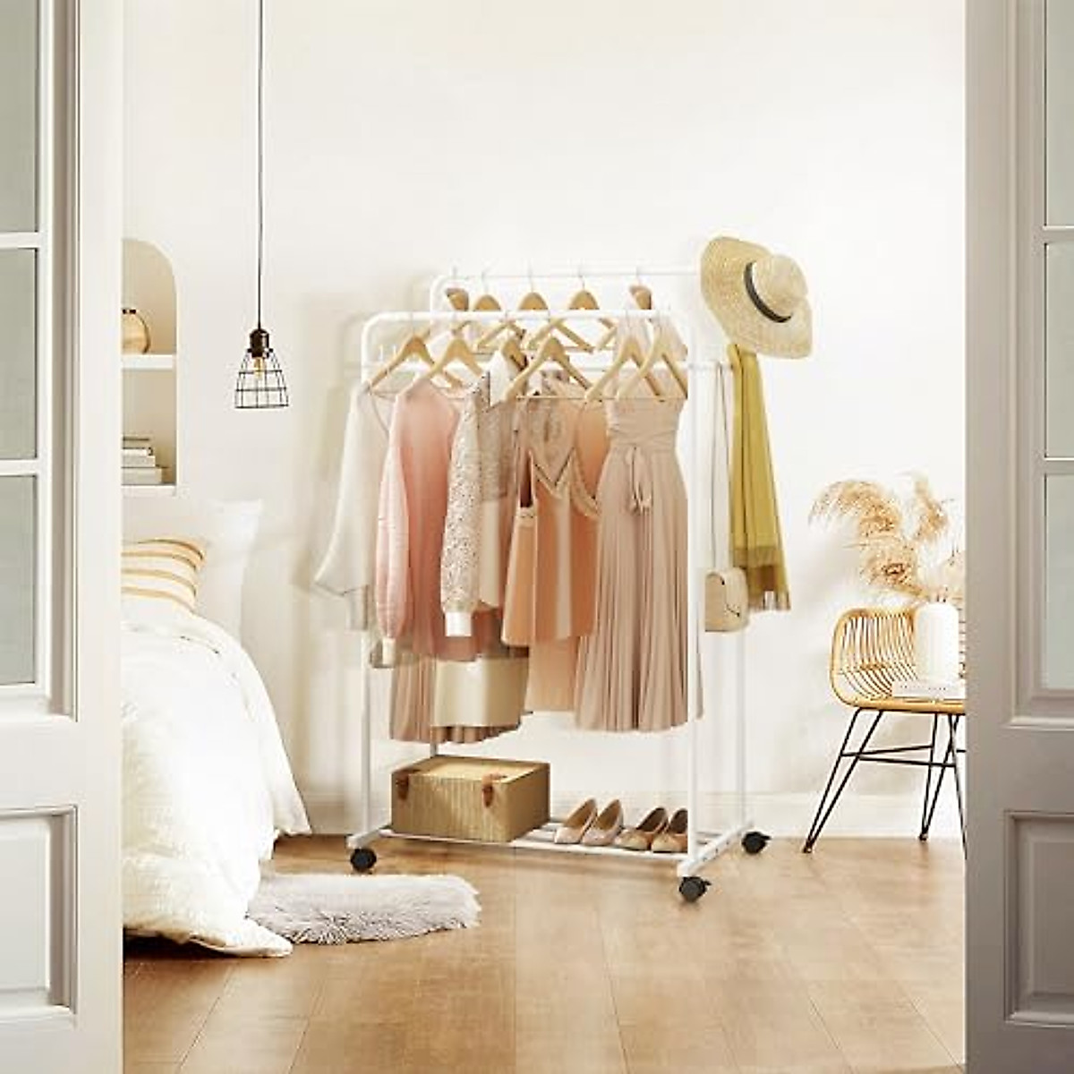 Hoctieon Double Rod Clothes Rack, 2 IN 1 Clothing Rack with Shelves and Wheels for Easy Mobility, Multi-functional Bedroom Garment Rack with 8 Hooks, White