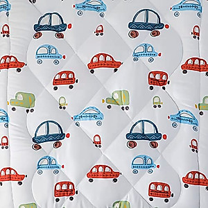 KINBEDY 4 Pieces White Toddler Bedding Sets for Boys Cars Blue Bed Sheets Set Cartoon Comforter Set for Baby Kids | Include Comforter, Flat Sheet, Fitted Sheet, Pillowcase