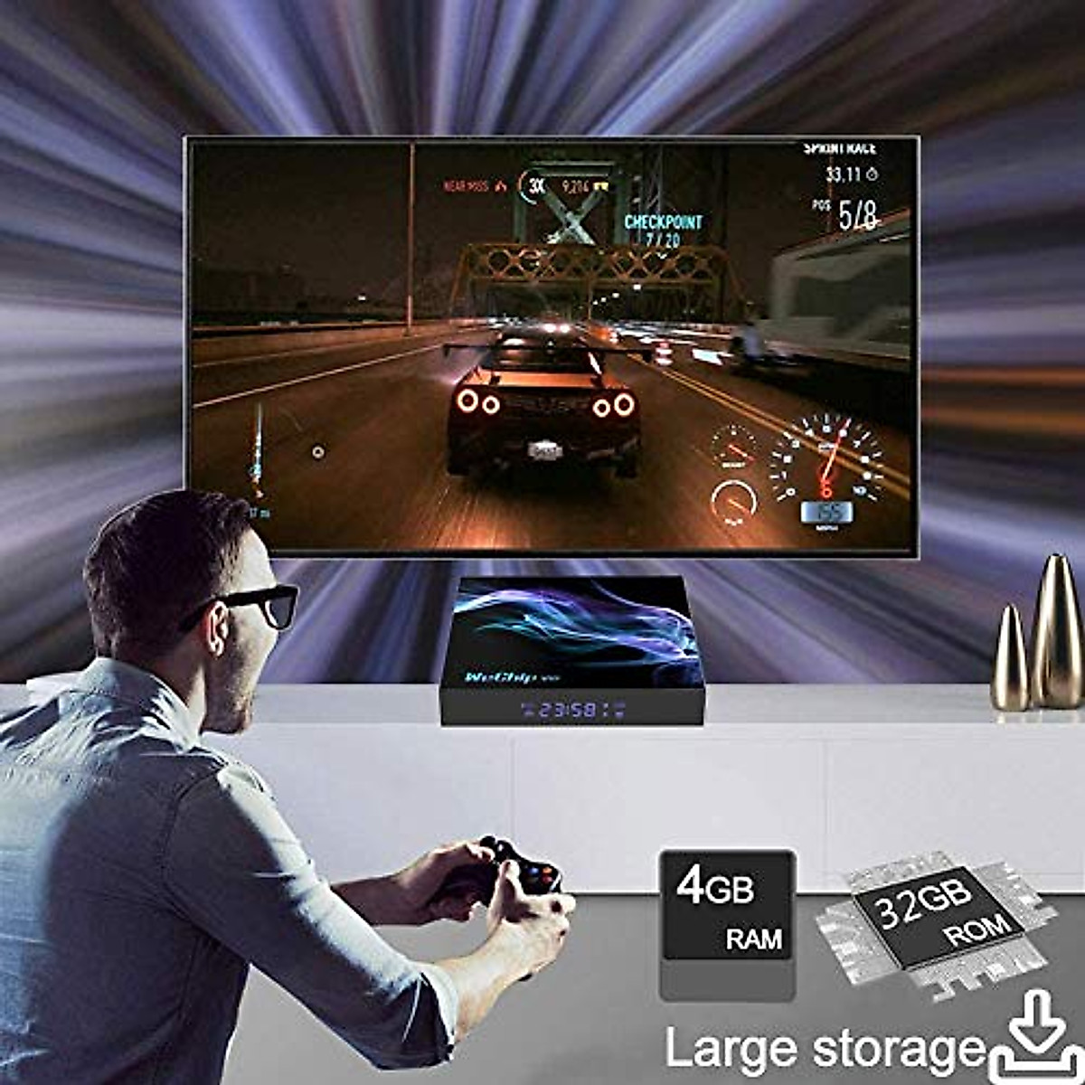 Android 10.0 TV Box,Android TV Box 4GB RAM 32GB ROM with Quad-Core 64bit,Supports 2.4G/5GHz Dual WiFi/BT5.0/ 6K/4K Ultra HD/3D/ H.265 Smart Android TV Box with Backlic Keyboard