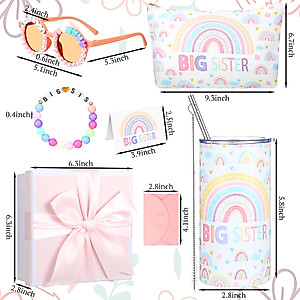 Havawish 7 Pcs Big Sister Gift 14oz Pink Sister Cup Vacuum Insulated Tumbler with Straw and Brush Big Sister Bracelet Party Sunglasses Makeup Bag Gift Box Envelope Greeting Card for Wedding Party