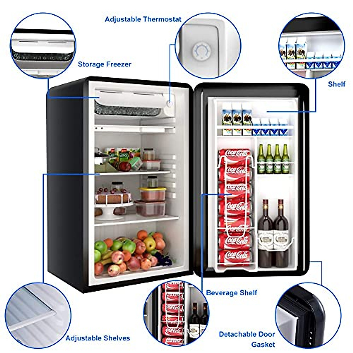 HOMGX, Black 3.2 CU.FT Compact Refrigerator, Mini Fridge with Single Reversible Door, Small Cooler with Removable Tempered Glass Shelves for Apartment, Office and Dorm, White