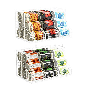 Stackable Can Rack Organizer for Pantry Storage, Can Dispensers with 4 Adjustable Dividers, 2-Tier Metal Wire Basket Beverage Pop Soda Rack for Kitchen Cabinet Pantry, White