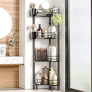 Vetacsion Corner Shower Caddy with Toothbrush Shelves, 4 Tier Standing Rustproof Shower Organizer, Metal Floor Shower Shelves for Bathroom Storage