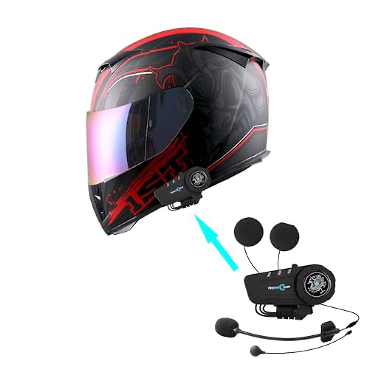 1Storm Motorcycle Full Face Helmet Skull King Matt Red HJK311 + One Extra Clear Shield + Motorcycle Bluetooth Headset
