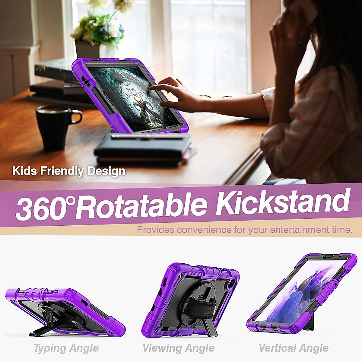 CLARKCAS Case for Samsung Galaxy Tab A7 Lite Case 8.7 inch 2021(SM-T220/T225/T227) with Screen Protector Pencil Holder Kids Shockproof Silicone Cover 360 Stand Hand Strap for Galaxy A7 lite,Purple