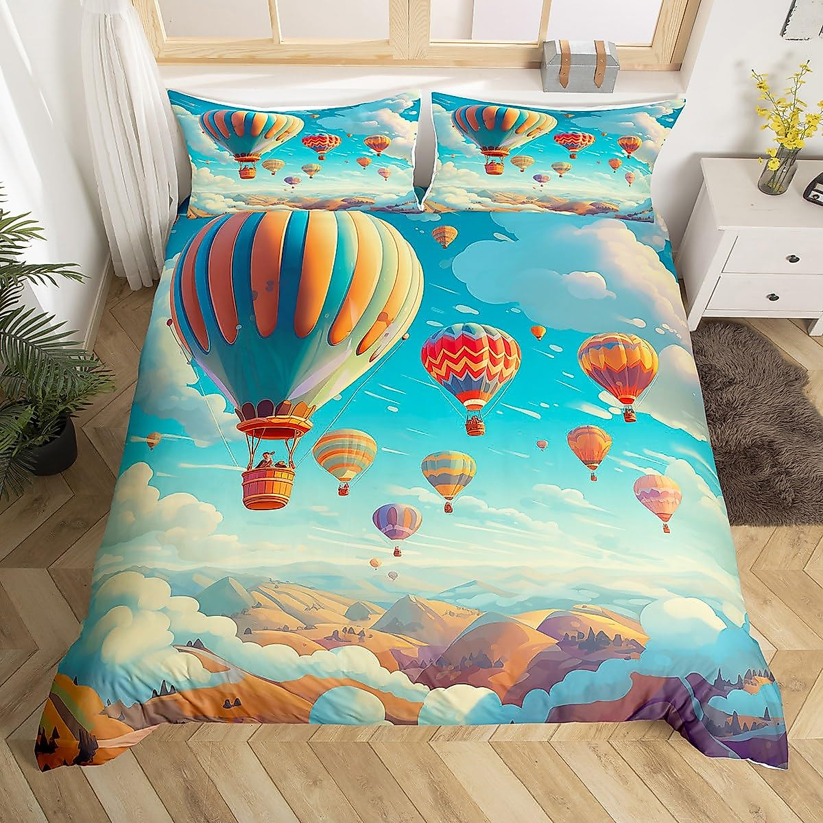 Feelyou Hot Air Balloon Bedding Set Colorful Hot Air Balloon Duvet Cover for Kids Boys Girls Mountains Comforter Cover Blue Sky White Clouds Bedspread Cover with 1 Pillowcase 2Pcs Bedding Twin