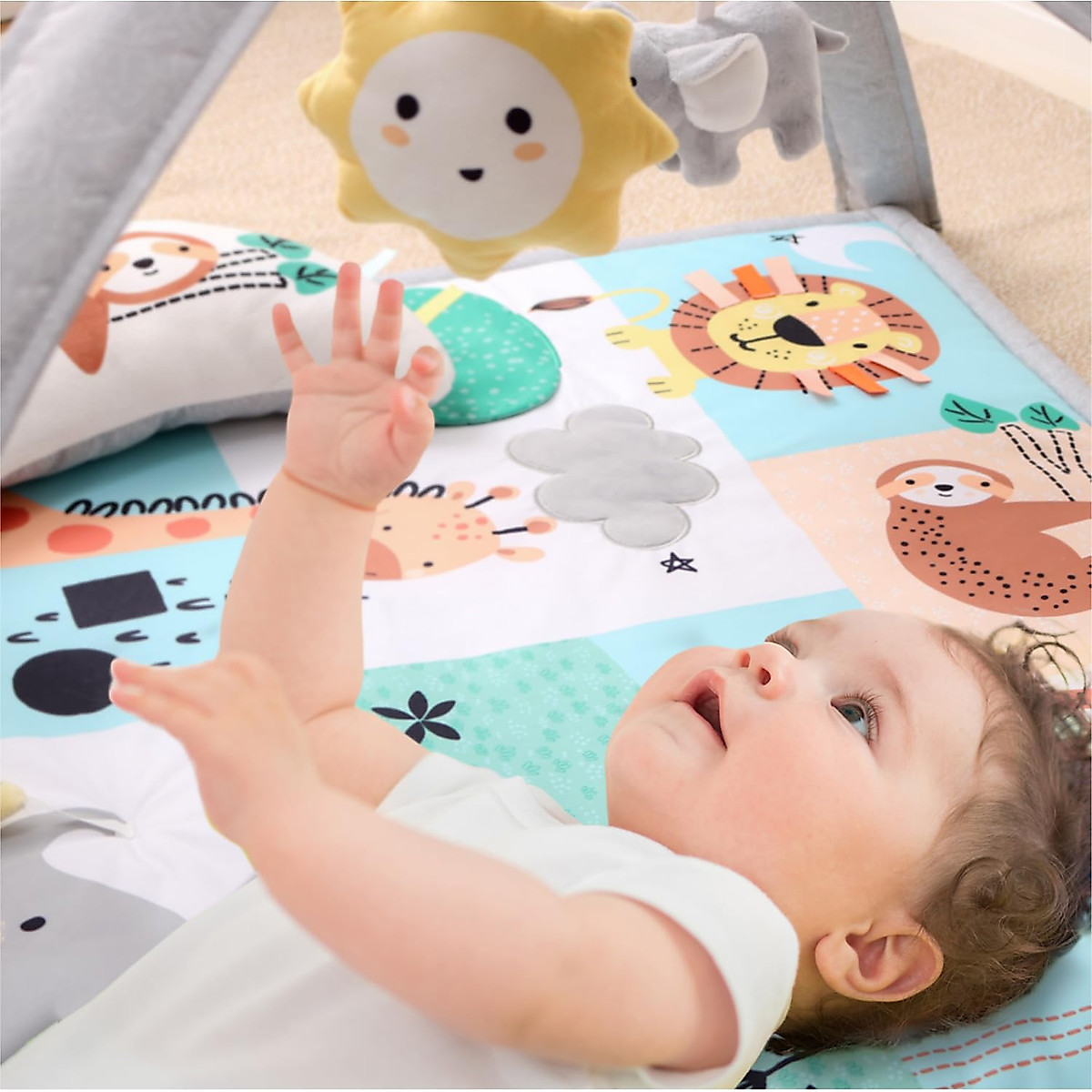 The Peanutshell Unisex Baby Play Gym & 7-in-1 Play Mat - Playmat Baby Toys 0-6, 6-12 Months Tummy Time Mat with Hanging Toys, Soft Padded Mat for Newborns, Infants - Safari