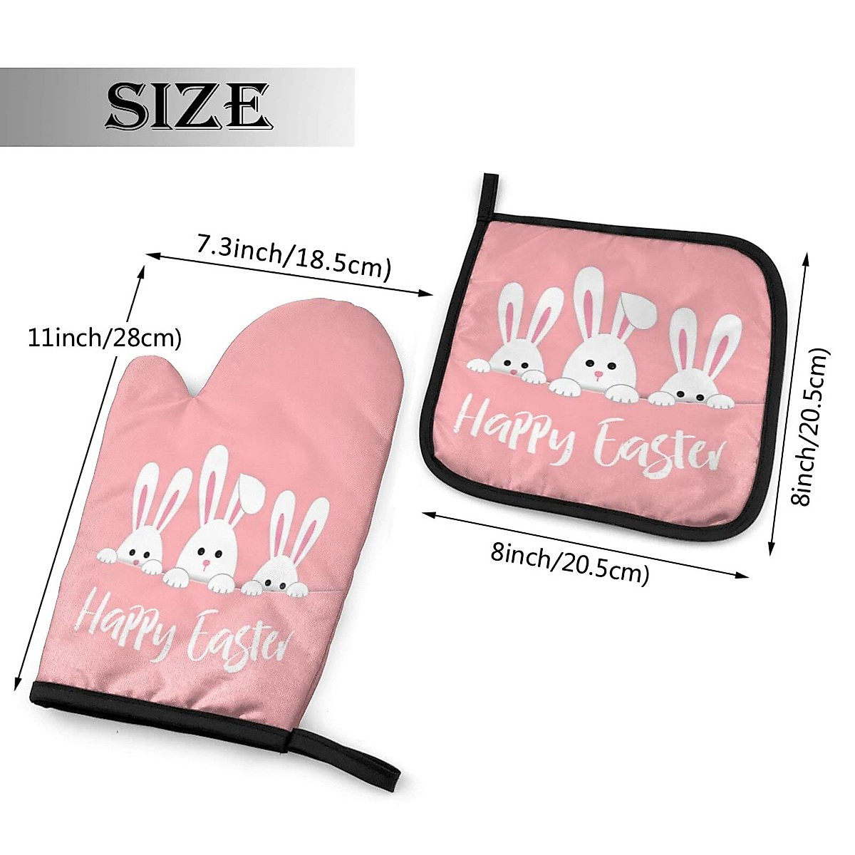 DRAYTSO Happy Easter Oven Mitts and Pot Holders Set, Spring Colorful Egg Heat Resistant Kitchen Set Oven Gloves Non-Slip Potholders for Cooking Baking Grilling Gifts Microwave Gloves Hot Pad, Black