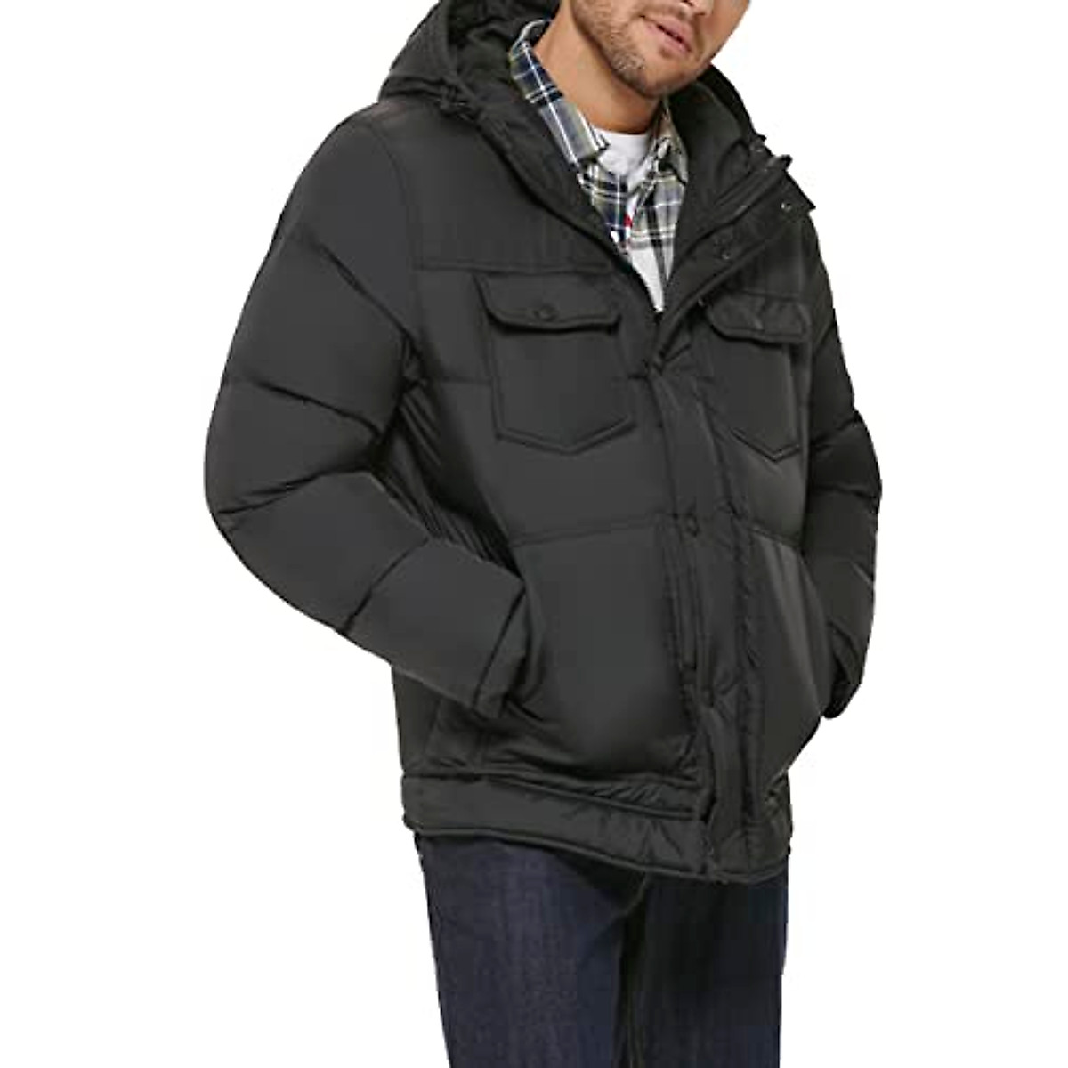 Levi's Men's Performance Hooded Puffer Trucker Jacket (Regular & Big & Tall Sizes), Black Solid, XL