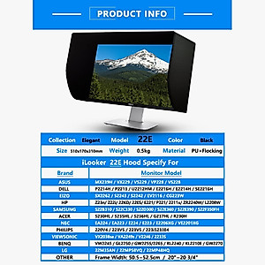 iLooker 22E 21~22 inch LCD LED Video Monitor Hood Sunshade Sunhood for Dell HP Viewsonic Philips Samsung LG EIZO NEC ASUS ACER BENQ AOC Lenovo, Fits Monitor Frame Width 505-525mm