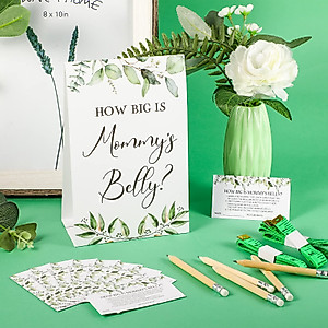 Sabary 64 Pcs Guess Baby Shower Games Include How Big is Mommy's Belly Sign Measure Baby Bump Game 50 Guessing Cards 10 Pencils 3 Measuring Tapes for Baby Shower Party(Greenery)