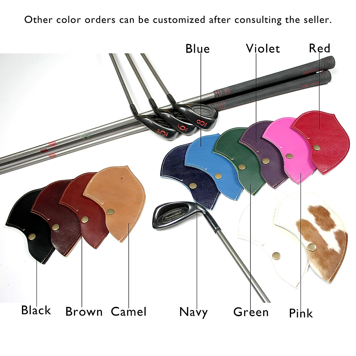 moriskorea Golf Club Head Cover (11pcs) Custom Initial Wedge Iron Protective Cowhide Full Grain Vegetable Leather Fit All Brands Titleist, Callaway, Ping, Taylormade, Cobra Etc. 1 Set. (Black)