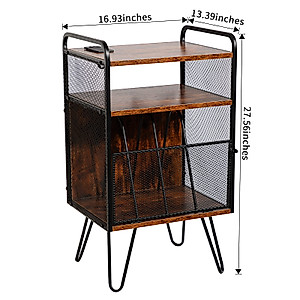 Hadulcet 3 Tier End Table, Record Player Stand with USB Ports and Outlets, Turntable Stand for Vinyl Storage with 3 Dividers, Industrial Side Table for Living Room Bedroom, Rustic Brown