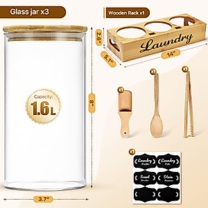 GADFISH Laundry Pods Container, Laundry Detergent Container for Laundry Detergent Pods, Powder, Scent Booster, Stain Remover, Laundry Room Organization - 3 Pack (with Wooden Tray & Spoon, Tong, Scoop)