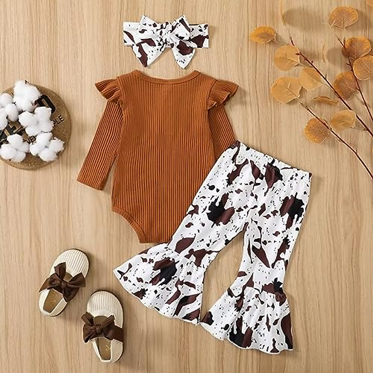 JOIMOCY Baby Girl Clothes 12-18 months Ribbed Ruffled Romper+Leopard Flared Pants Infant Fall Winter Outifts, Brown Girls Clothing 12-18M/100cm