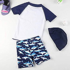 Baby Boys Two Piece Swimsuits Rash Guard Short Sleeve Shark Bathing Suit Swimwear Sets with Hat UPF 50+ for Kids (White Shark, 6-7 Years)