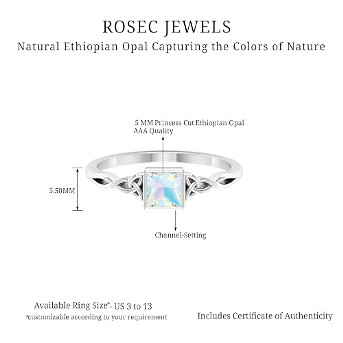 Rosec Jewels Natural Opal Promise Ring for Women, AAA Quality, Celtic Knot Ring, Certified Rainbow Opal Ring - Ready To Gift, 14K White Gold, Size:US 6.00