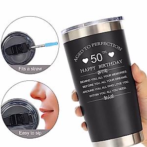 Calltoge Inspirational 1975 50th Birthday Gifts for Women Men 20oz Stainless Steel Black Travel Car Tumbler Mug Behind You All Your Memories Before You All Your Dreams 50 Years Old Present