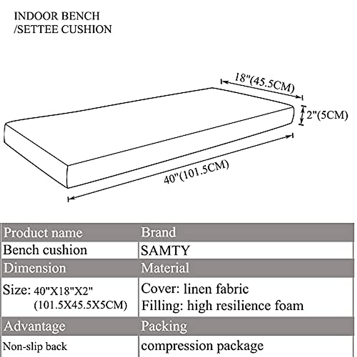 Khaki Bench seat Chair Pads Non-Slip Rubber Back Indoor Swing /Settee Cushion 40'' x 18'' x 2'' (101.6 x 45.7 x 5.08cm)