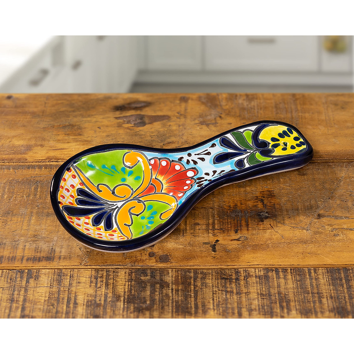 Enchanted Talavera Hand Painted Ceramic Spoon Rest Kitchen Counter top Utensil Holder For Spoons Spanish Mexican Decorations (Multi)