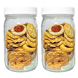 Wide Mouth Mason Jars 32 oz - (2 Pack) - Ball Wide Mouth 32-Ounces Quart Mason Jars with White M.E.M Food Storage Plastic Lids, Caps Fit Ball and Kerr Wide Mouth - For Storage, Freezing, Leak Proof,