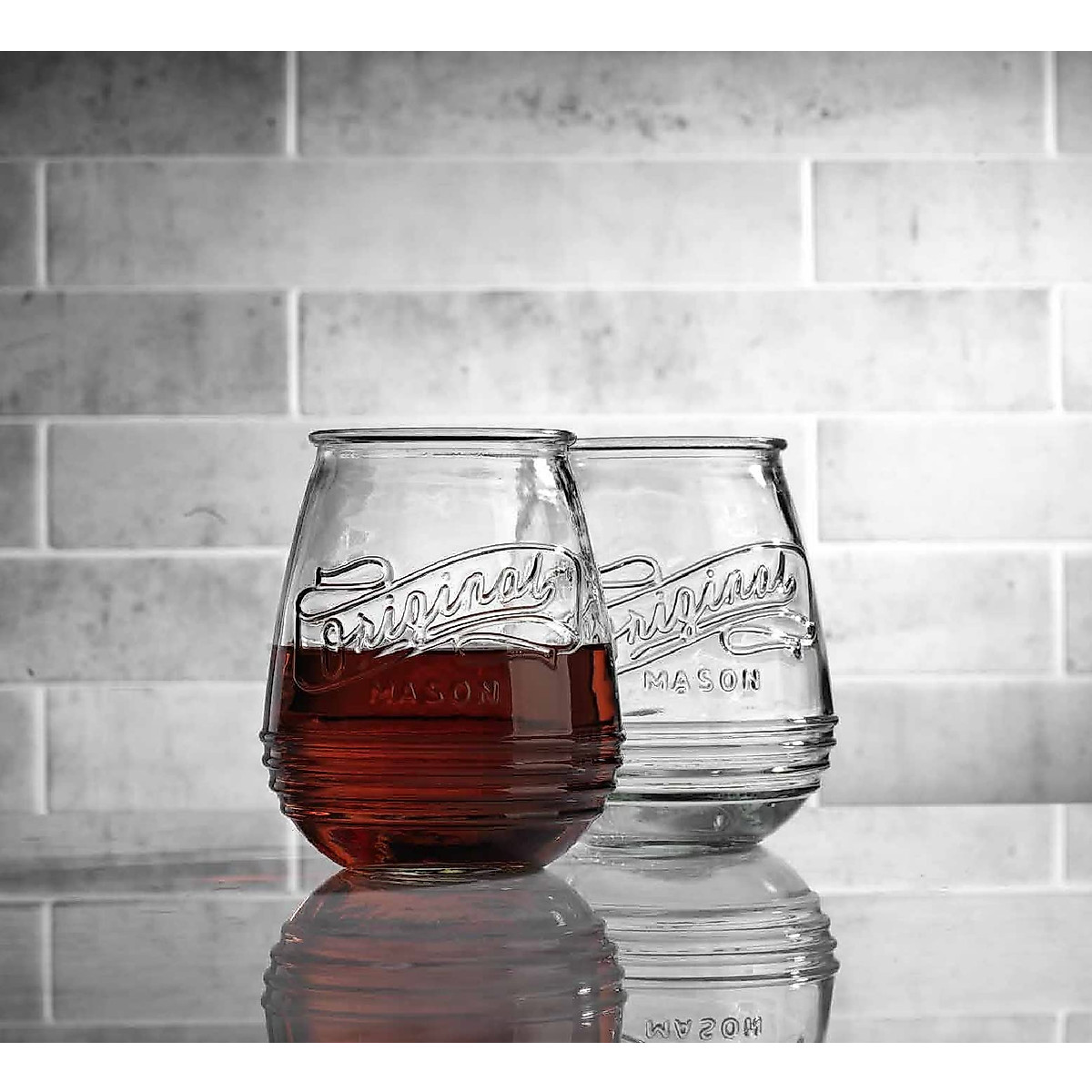 Glaver's Stemless Wine Glasses 21 Oz. Set Of 4 Original Mason Vintage Goblet Beverage Glasses Uses For Your Cocktail Lounge, Whiskey Parties, and Everyday Dinner Table. Dishwasher Safe.