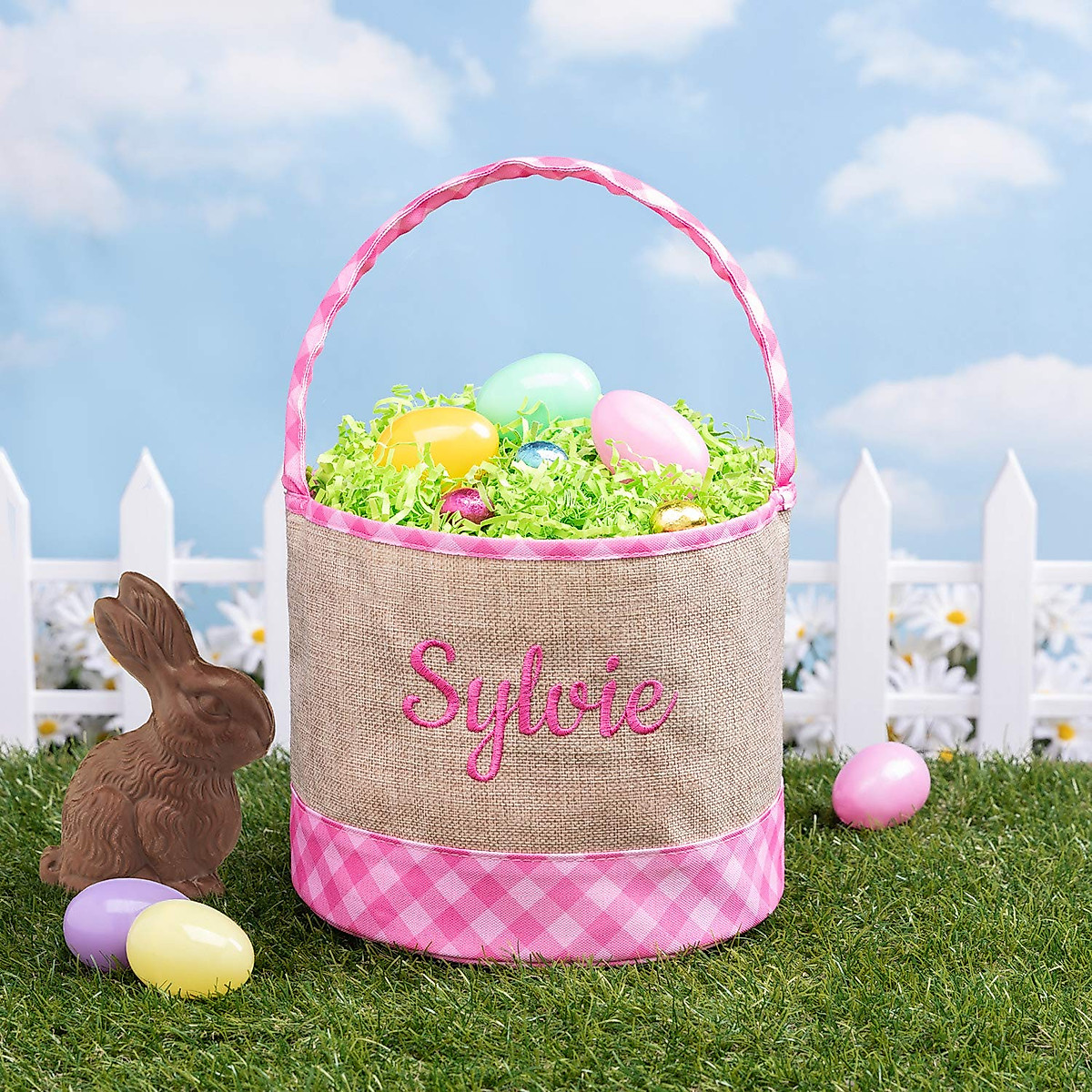 Personalized Easter Bucket Bag with Custom Cursive Name | Pink Plaid Burlap Easter Bag with Handle | Egg Basket for Kids | Customized Easter Basket | Great for Book and Toy Storage