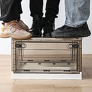 56 Quart Collapsible Storage Bins with Lids, Clear Stackable Lidded Storage Box with Wheels, Plastic Storage Container with 2 Doors, Storage Organizer with Attached Lid (Extra Large, Brown)