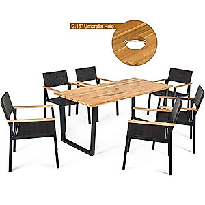 Tangkula 7 Pieces Outdoor Dining Set, Patented Patio Furniture Set w/Large Rectangle Acacia Wood Table Top, Rattan Chairs with Steel Frame, Umbrella Hole, for Backyard Garden