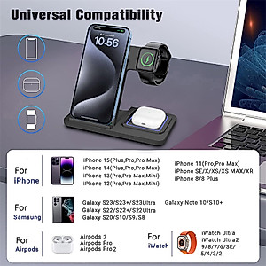 Wireless Charger,VNBBT 3 in 1 Wireless Charging Station Foldable for Apple iPhone/iWatch/Airpods,iPhone 15 14,13,12,11(Pro,Pro Max)/XR/XS/X/8(Plus),iWatch Ultra 9 8 7 6 SE 5 4 AirPods(No Adapter)