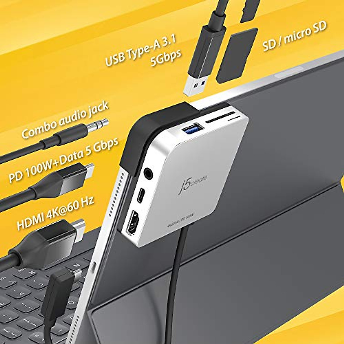 j5create iPad Pro USB C Hub- 6-in-1 Travel Dock for iPad Pro 12.9”/11”, with 4K@60Hz HDMI, USB C PD Charging 100W & Data, USB A 3.1, SD and microSD Card Reader, 3.5mm Headphone Jack (JCD612)