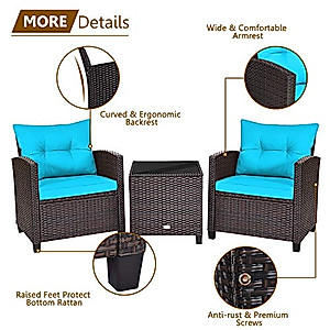 HAPPYGRILL 3-Piece Patio Furniture Set Outdoor Rattan Wicker Bistro Sofa Set Conversation Furniture with Cushion & Table