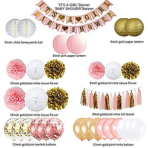 Baby Shower Decorations for Girl - Pink and Gold Baby Shower Decoration It’s A girl & Baby Shower Banner with Paper Lantern Pompoms Flowers Honeycomb Ball Balloons Foil Tassel