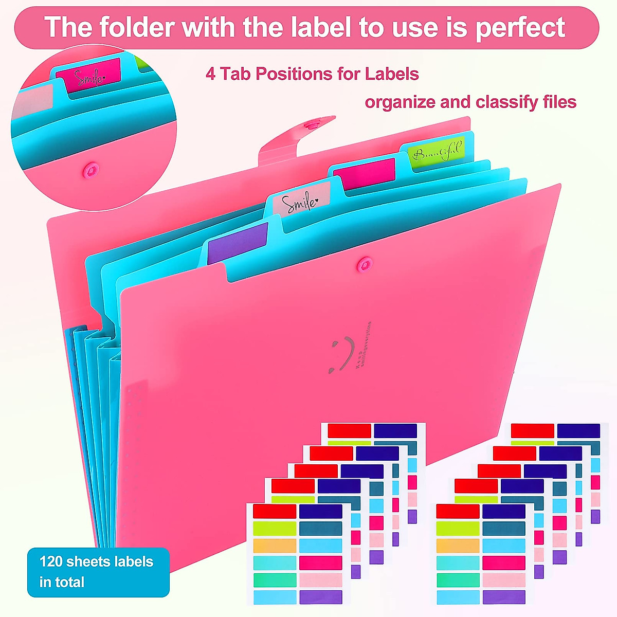 10PCS Expanding File Folders,A4 Letter Size Accordion Document Organizer,Plastic 5 Pocket Accordion Folder,Expandable File Folder with Snap Closure,120 Labels in 12 Colors for School Office Supplies