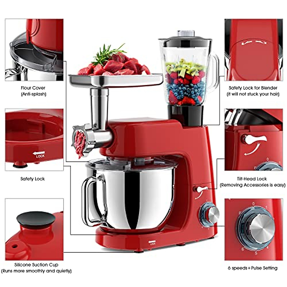 Stand Mixer, 6 IN 1 Multifunctional Electric Kitchen Mixer 660W 6 Speed with 7.4QT Stainless Steel Bowl, 1.5L Glass Jar, Meat Grinder, Dough Hook, Whisk, Beater, Sausage Kit, Food Mixer for Baking
