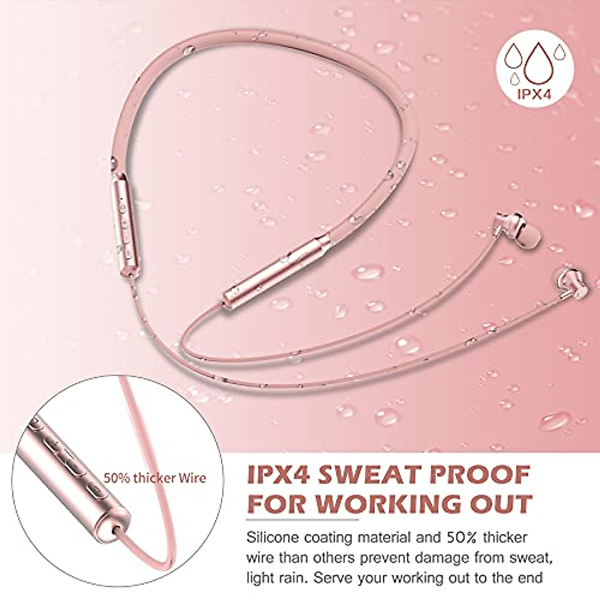 KLOKOL Bluetooth Headphones Neckband V5.0 Wireless Headset Sport Earbuds w/Mic Cordless Noise Canceling Earphones 15Hrs Playtime for Gym Running Compatible with iPhone Samsung Android (Rose Gold)