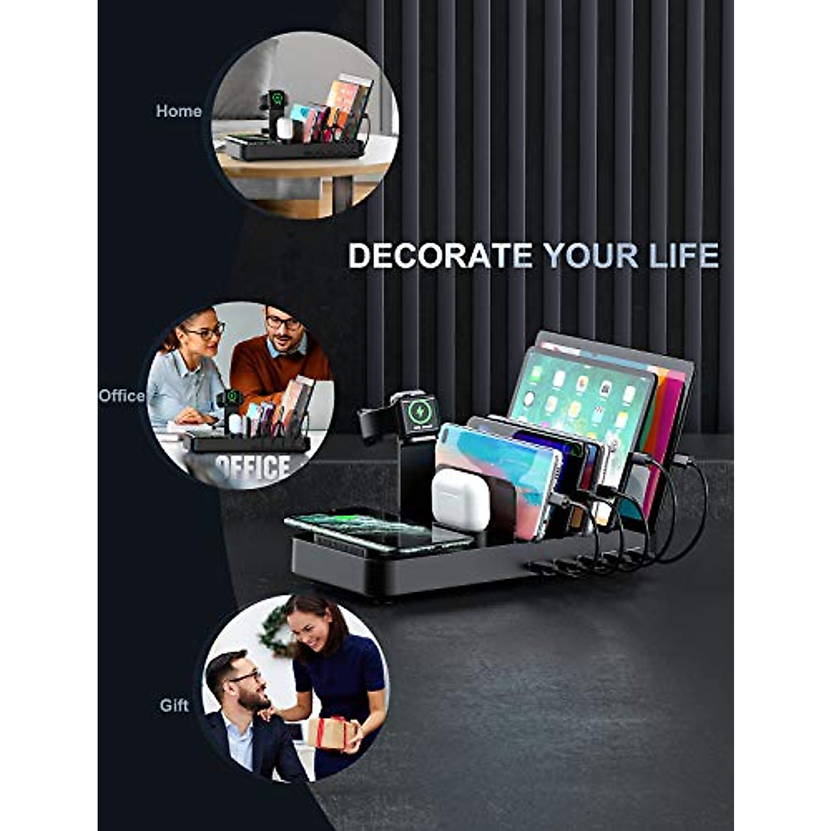 Wireless Charging Station for Multiple Devices, 8 in 1 USB Charging Dock with 10W Wireless Charger and 9 Short USB Cables for Phone/Tablets-Black