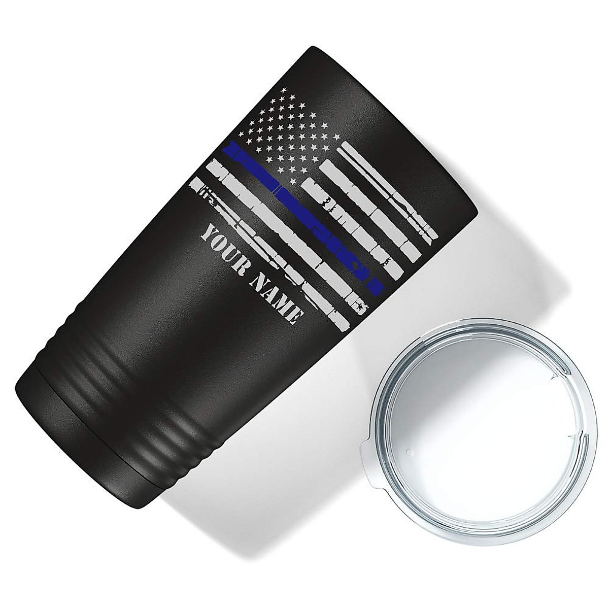 Personalized Distressed Thin Blue Line Flag Police Officer on Black 20 oz Tumbler with Lid - Law Enforcement Gift - Insulated Cup - Travel Mug