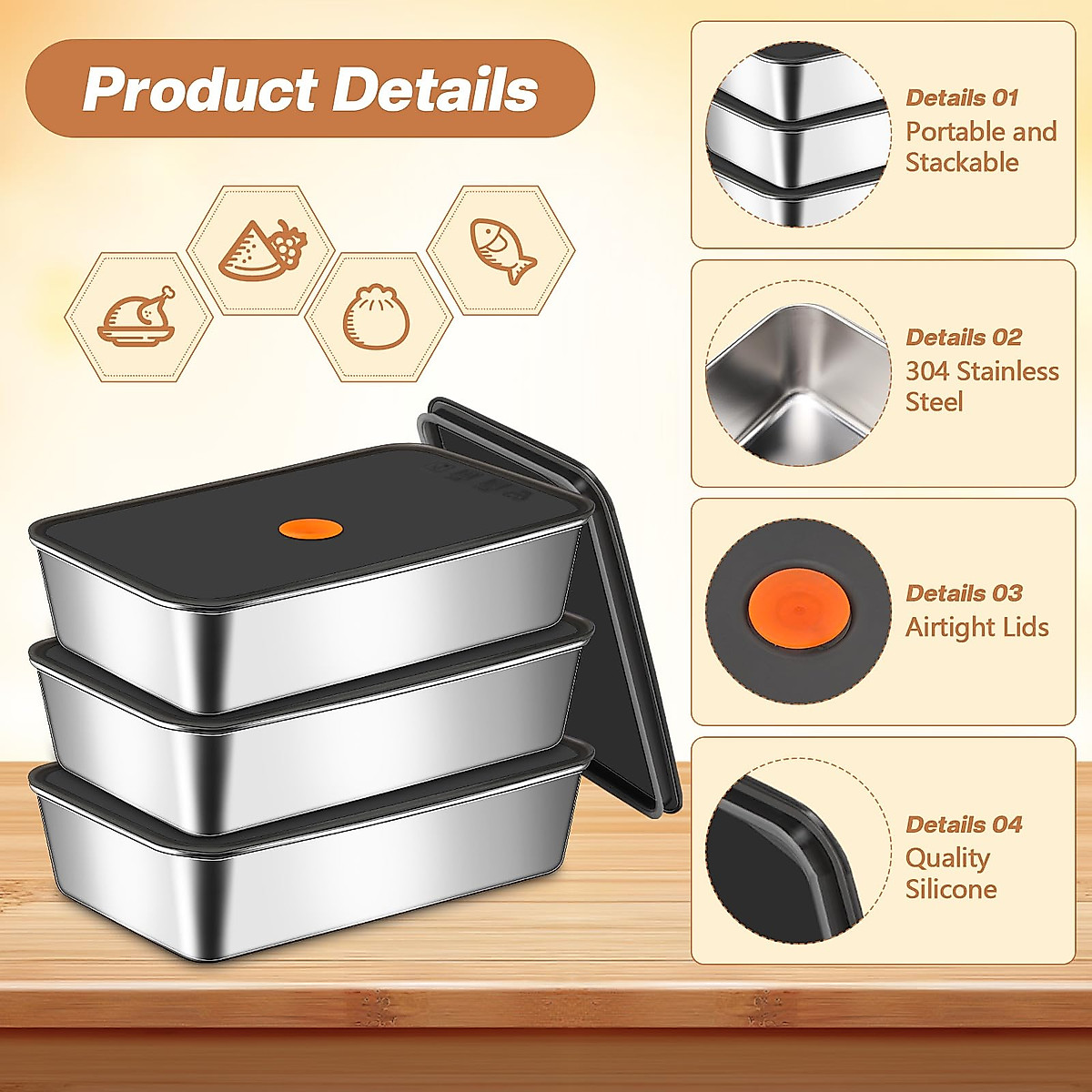 Blushtier 8 Set 67oz Stainless Steel Food Storage Containers Reusable Metal Meat Marinating Container with Lids Fruit Lunch Storage Box for Leftovers,dishwasher and Freezer Safe 2000ml