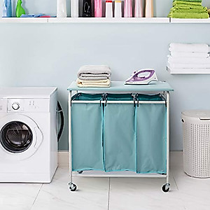 HollyHOME Laundry Sorter Cart with Foldable Ironing Board Rolling Heavy-Duty Laundry Hamper with Removable Bags Mobile Brake Caster Light Blue 29.5"W x 17.7"D x 29.5"H