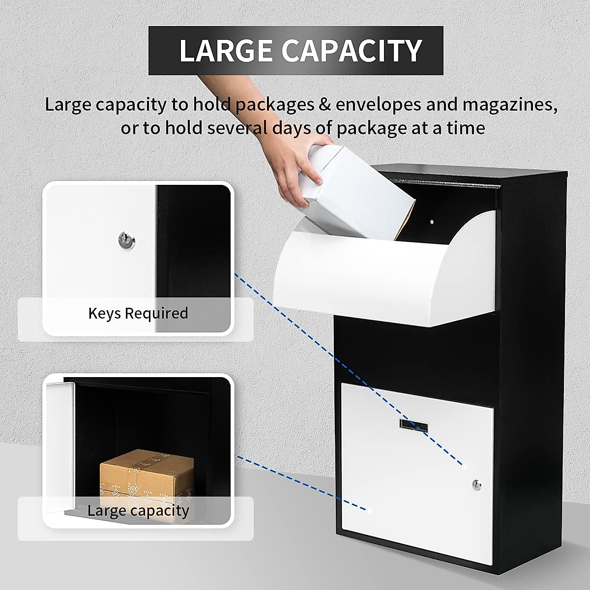 Ydocabinit Package Delivery Boxes for Outside,Extra Large Mailbox,Galvanized Steel Parcel Mailbox,Wall Mounted Lockable Anti-Theft for Outdoor Porch,Curbside,Black,BG010B