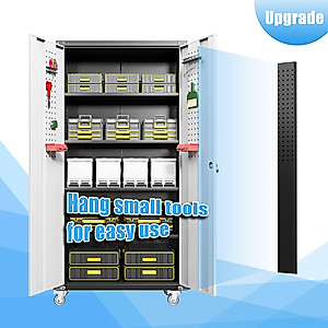 Waqiv Upgraded Metal Storage Cabinet with Wheels, Lockable Rolling Garage Storage Cabinet with 2 Pegboard, Steel Garage Cabinets on Wheels with 4 Adjustable Shelves, White&Black