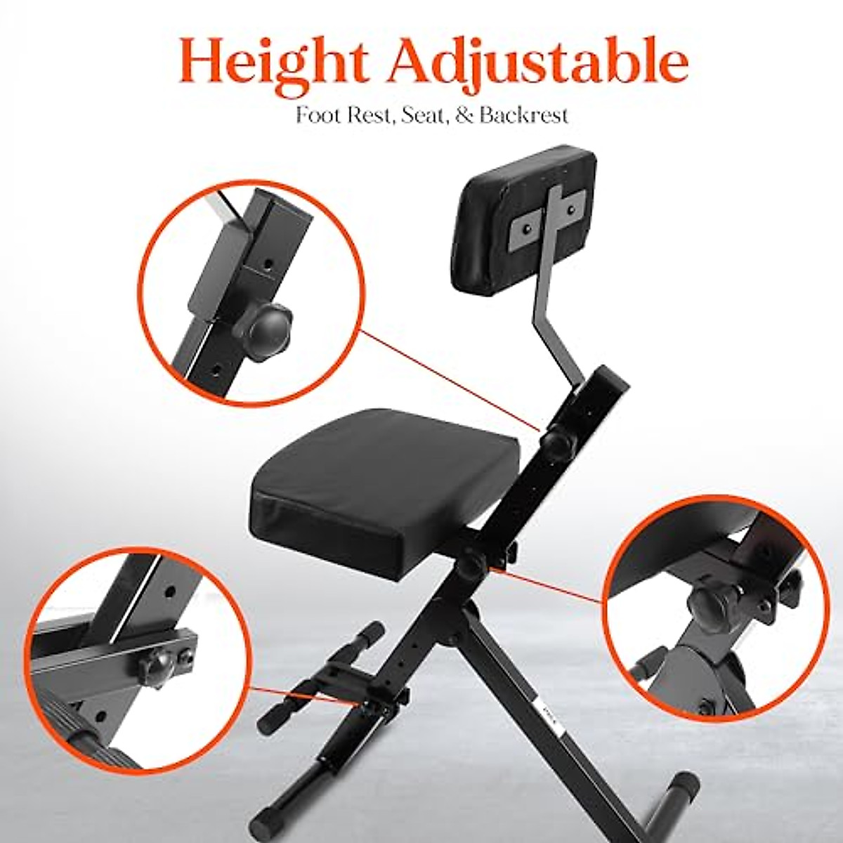 PYLE Drum Throne - Guitar Stool, Foldable & Portable Chair w/ Backrest & Footrest, Adjustable Music Stool for Adults, Padded Cushioned Seat & Back