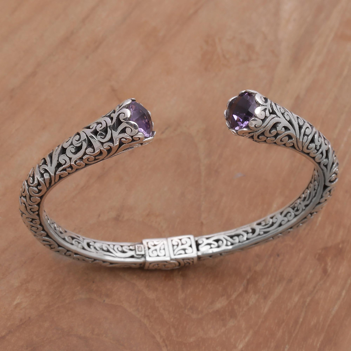 NOVICA Artisan Amethyst Cuff Bracelet and 925 Sterling Silver Spiral Motif Purple Indonesia Birthstone [6.25 in L (end to End) x 0.3 in W] ' Spiral Engagement'