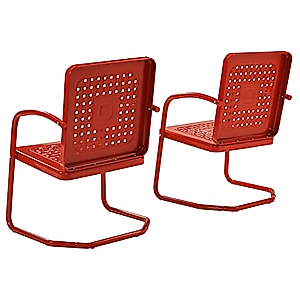 Crosley Furniture Bates 2-Piece Outdoor Chair Set, Retro Metal Patio Chairs for Dining, Porch, Deck, Balcony, Bright Red Gloss