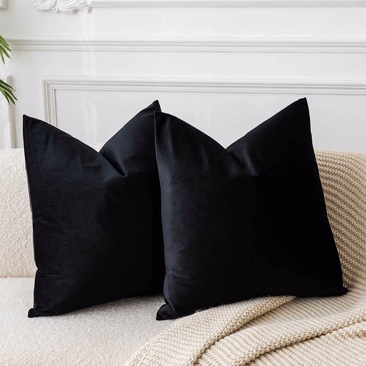 JUSPURBET Black Velvet Throw Pillow Covers 24x24 inch Set of 2 for Living Room Couch Sofa Bedroom Decorative Square Solid Soft Cushion Cases with Invisible Zipper