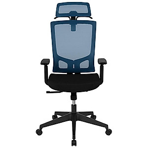Flash Furniture Layla Ergonomic Mesh Office Chair with Synchro-Tilt, Pivot Adjustable Headrest, Lumbar Support, Coat Hanger and Adjustable Arms in Blue/Black